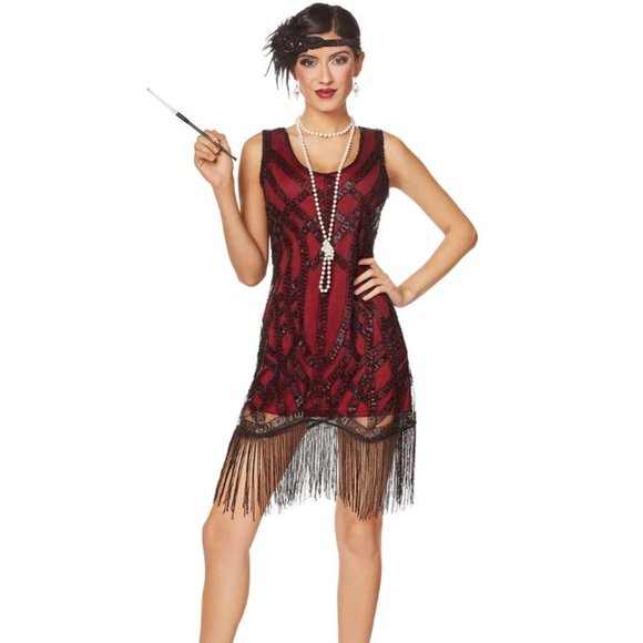 Spirit | Dresses | Burgundy Beaded Flapper Costume Dress Xl | Poshmark